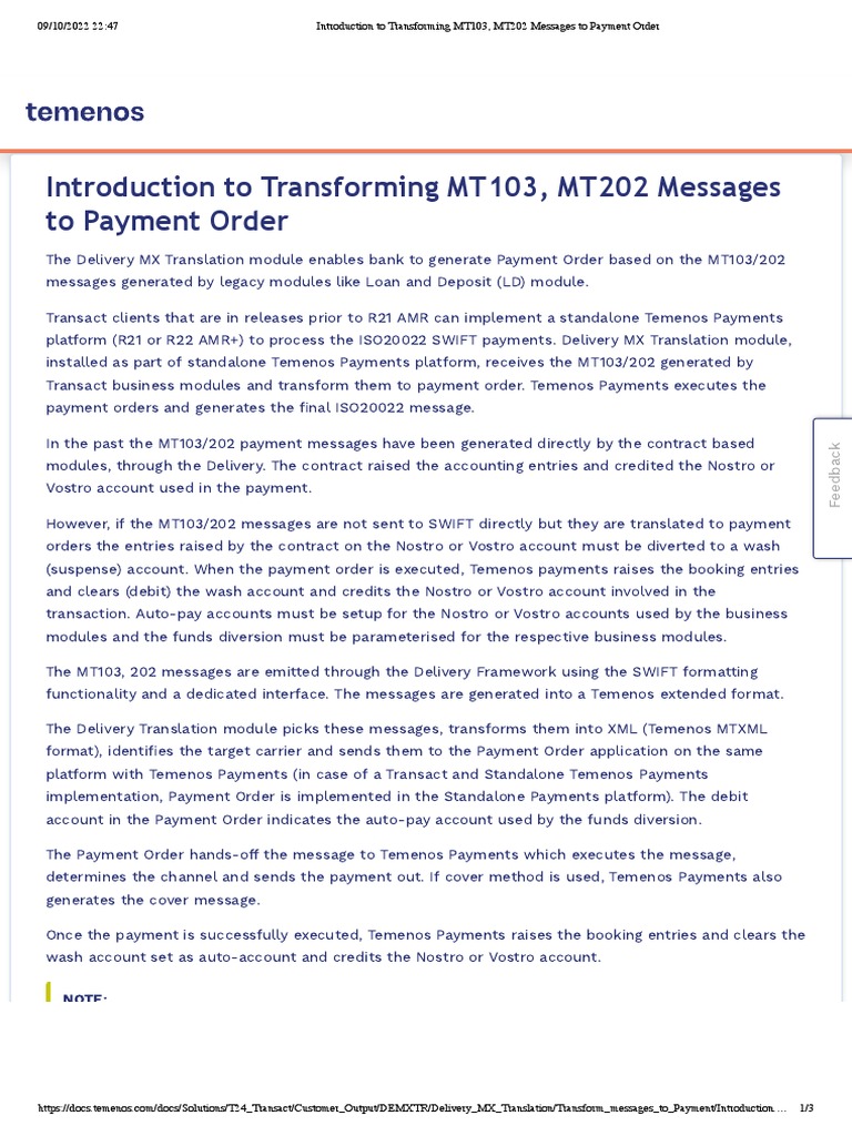Introduction to Transforming MT103 and MT202 Messages to Payment Orders Through Delivery MX ...