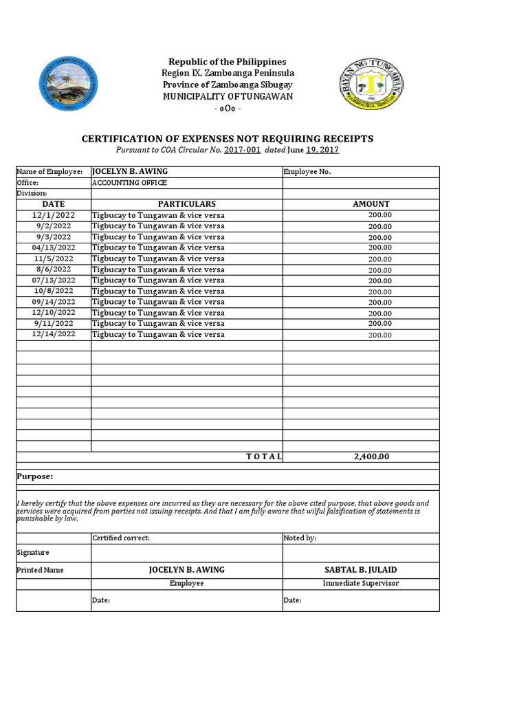 Certification of Expenses | PDF