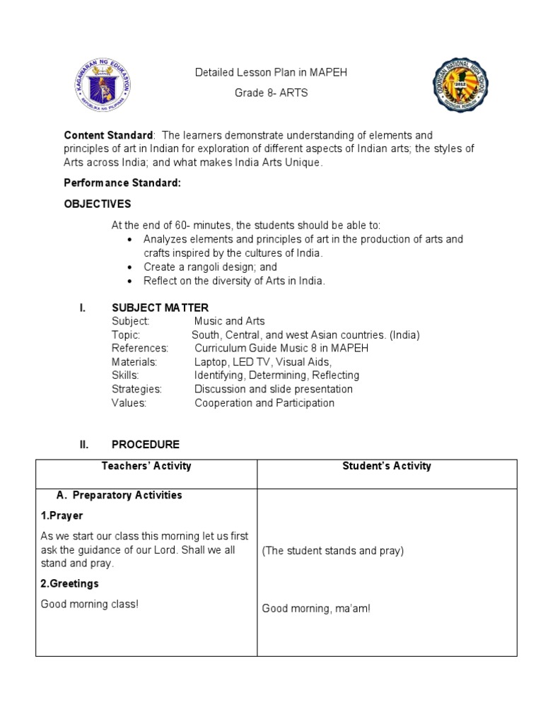 Detailed Lesson Plan in ARTS - InDIA | PDF | Lesson Plan | Performing Arts