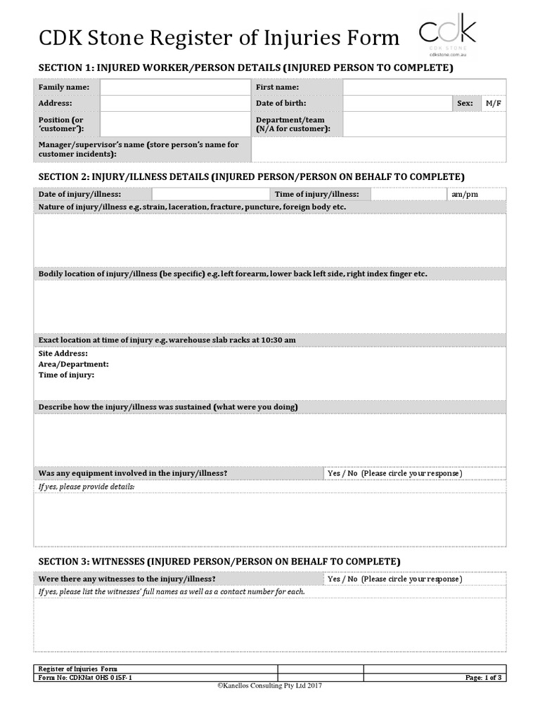 CDKNat OHS 015F 1 Register of Injuries Form | PDF | Injury | Labor