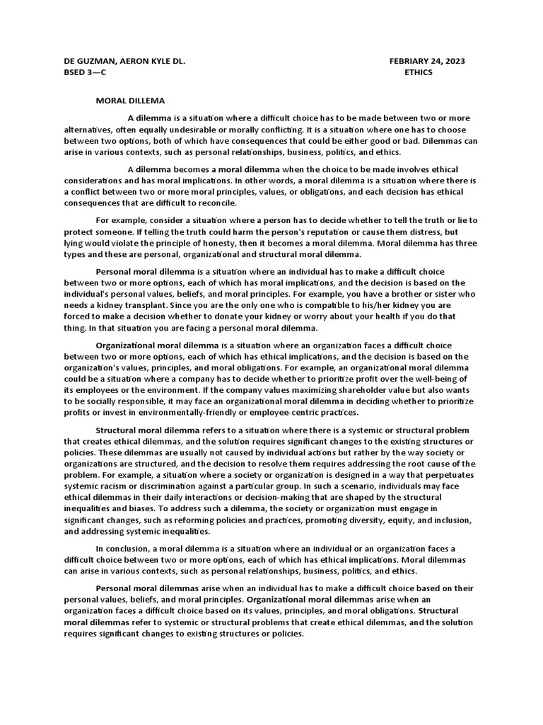 De Guzman, Aeron Kyle DL. Reflection 3 (Moral Dilemma) | PDF | Applied Ethics | Social Institutions