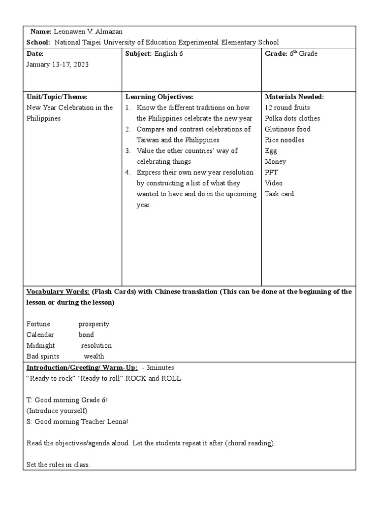 FINAL LESSON PLAN IN ENGLISH 6 (New Years Celebration in The ...
