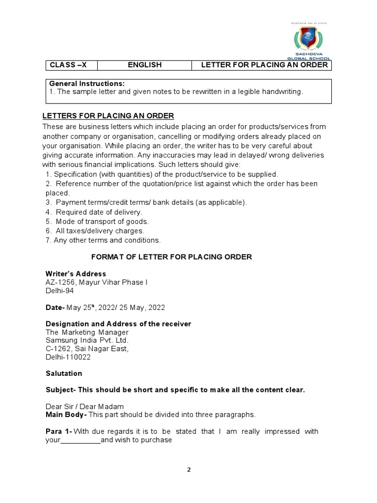 Letter of Placing An Order - Notes C10 | PDF