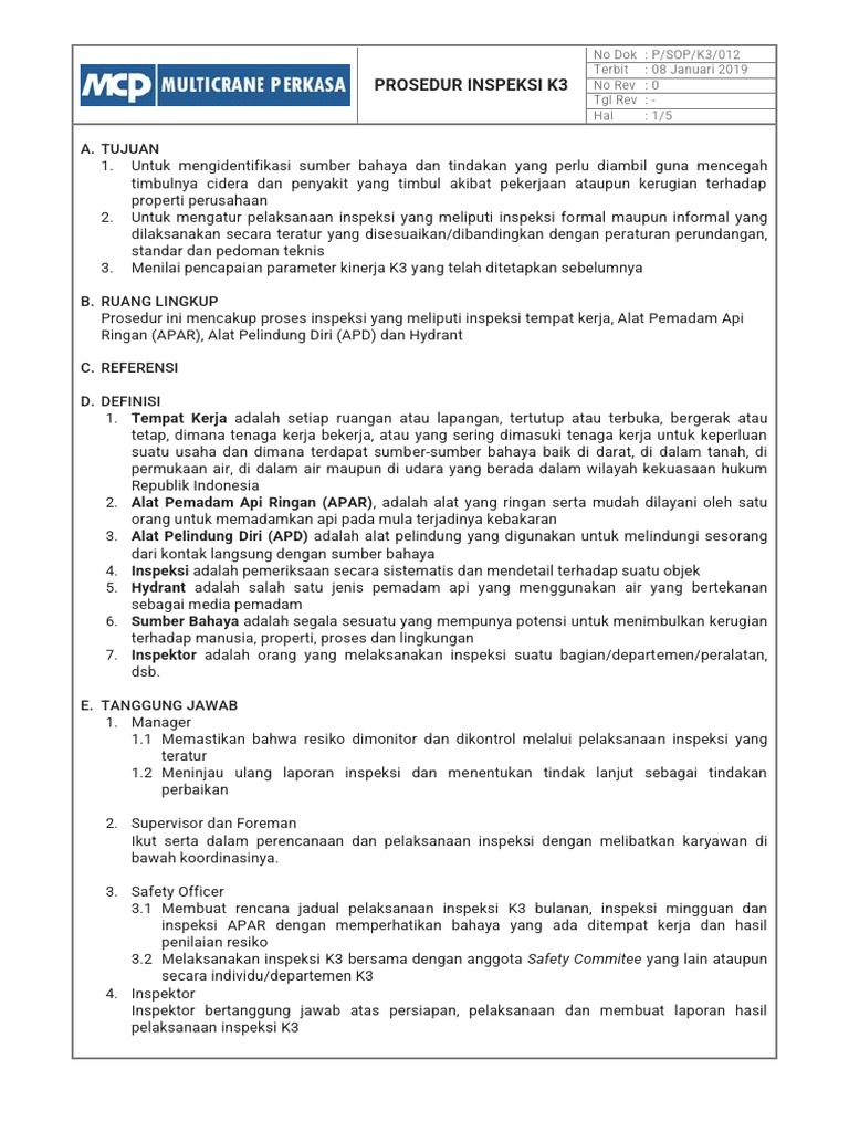 P-SOP-K3-Prosedur INSPEKSI K3 | PDF | Bisnis | Pengelolaan Keuangan & Uang