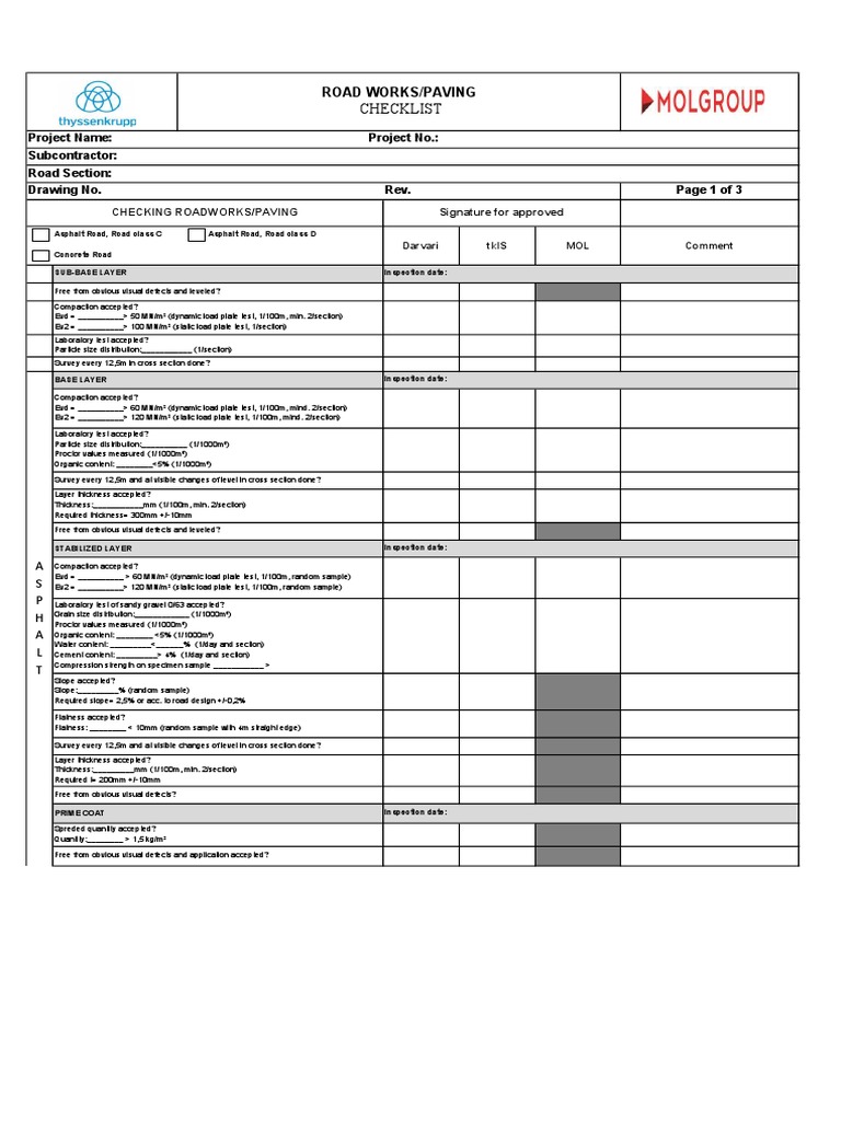 Road Works - Checklist | PDF | Asphalt | Materials