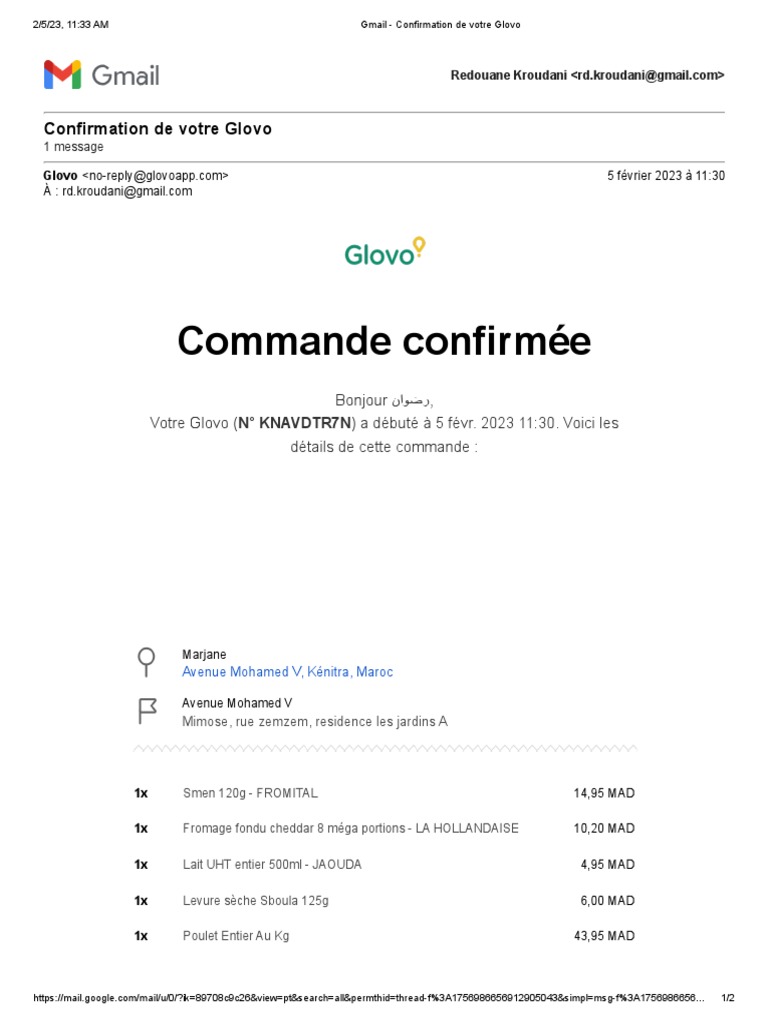 Gmail - Confirmation de Votre Glovo | PDF
