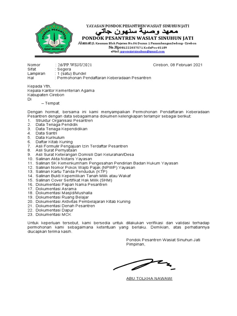 Format Surat Permohonan Izin Terdaftar Pesantren | PDF