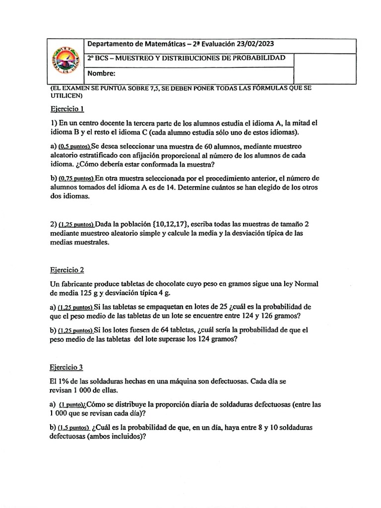 Examen Mates 2CCSS Teoria de Muestras 022023 | PDF