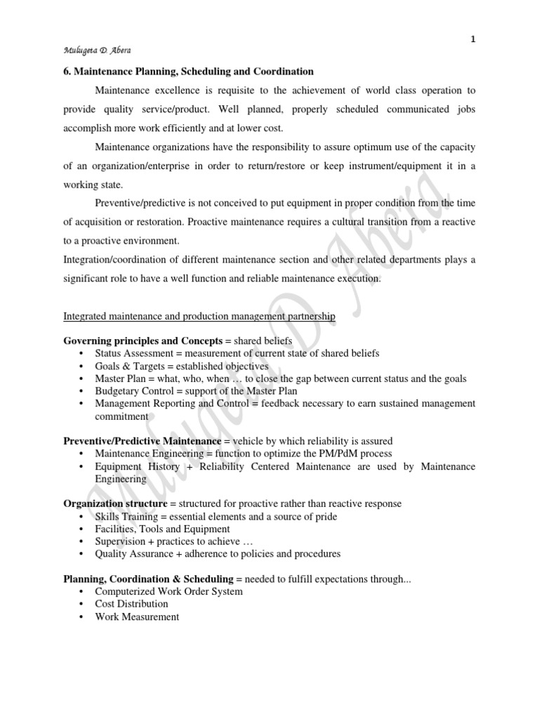 Chapter 6 Maintenance Planning Scheduling And Coordination Pdf