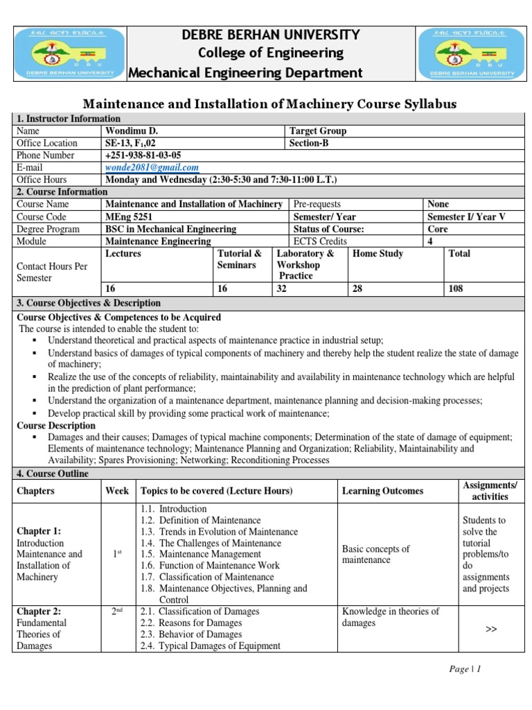 Maintenance of Machinery Syllabus | PDF | Probability | Engineering
