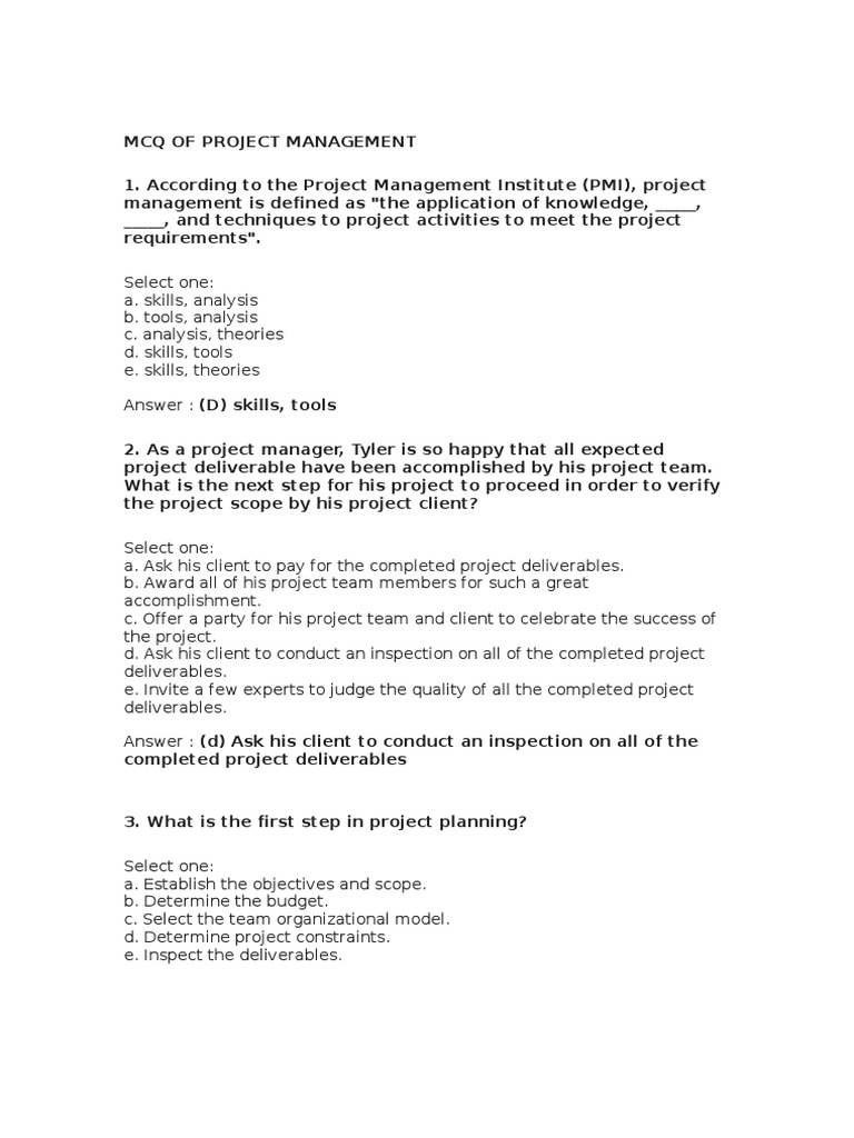 MCQ of Project Management Part 1 1 Compress | PDF | Project Management ...