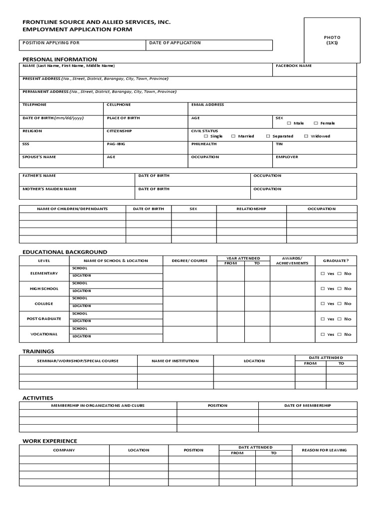 Frontline Source and Allied Services, Inc. Employment Application Form ...