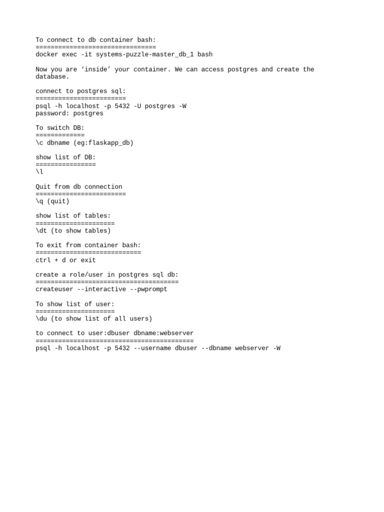 Postgres SQL Commands in Docker | PDF