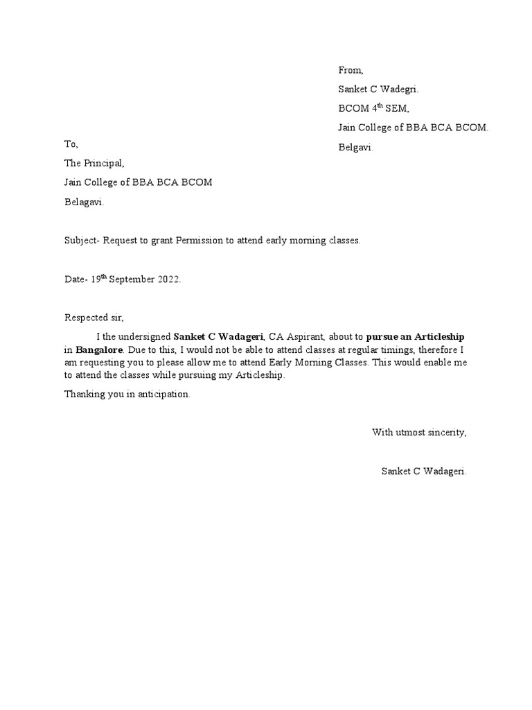 Request for Early Morning Class Attendance | PDF