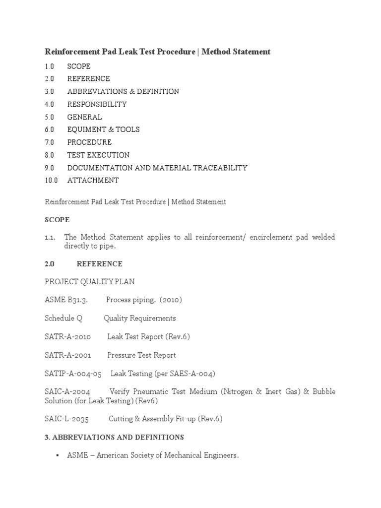 Reinforcement Pad Leak Test Procedure - Method Statement | PDF | Leak ...