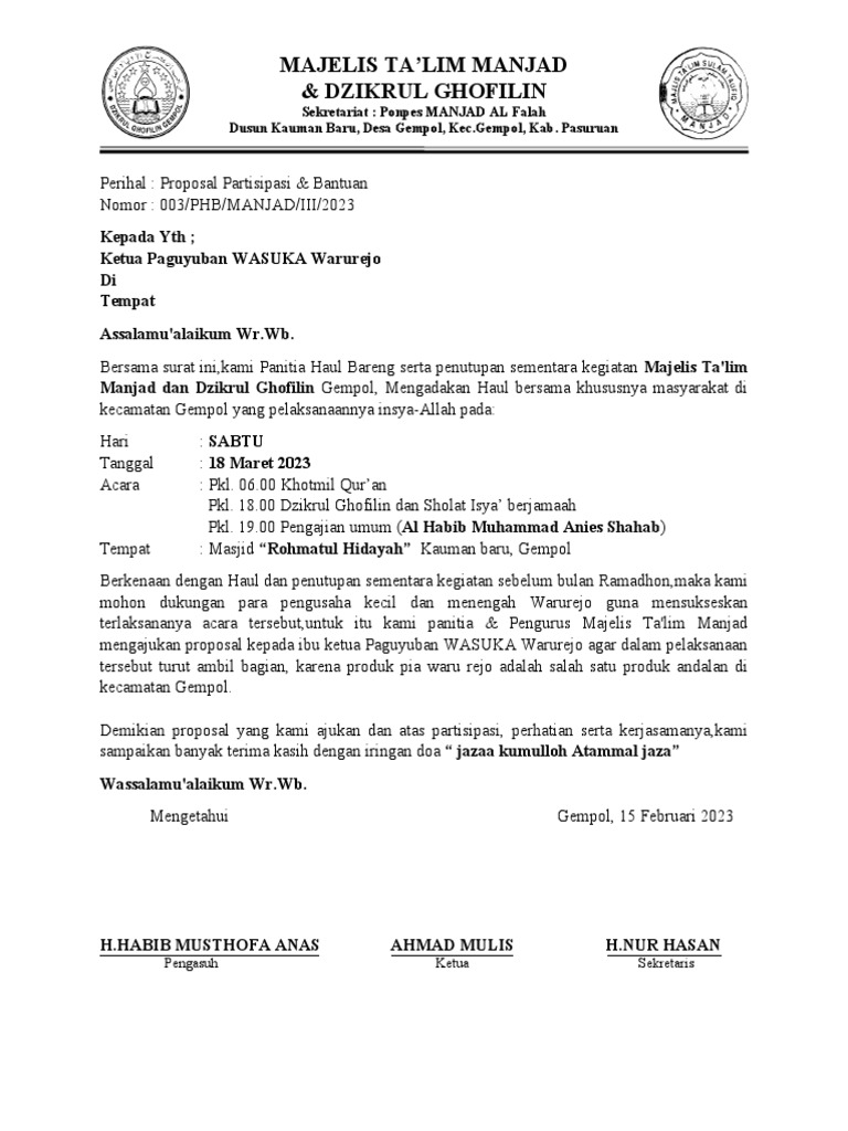 Proposal Haul Majelis Ta'lim Gempol | PDF