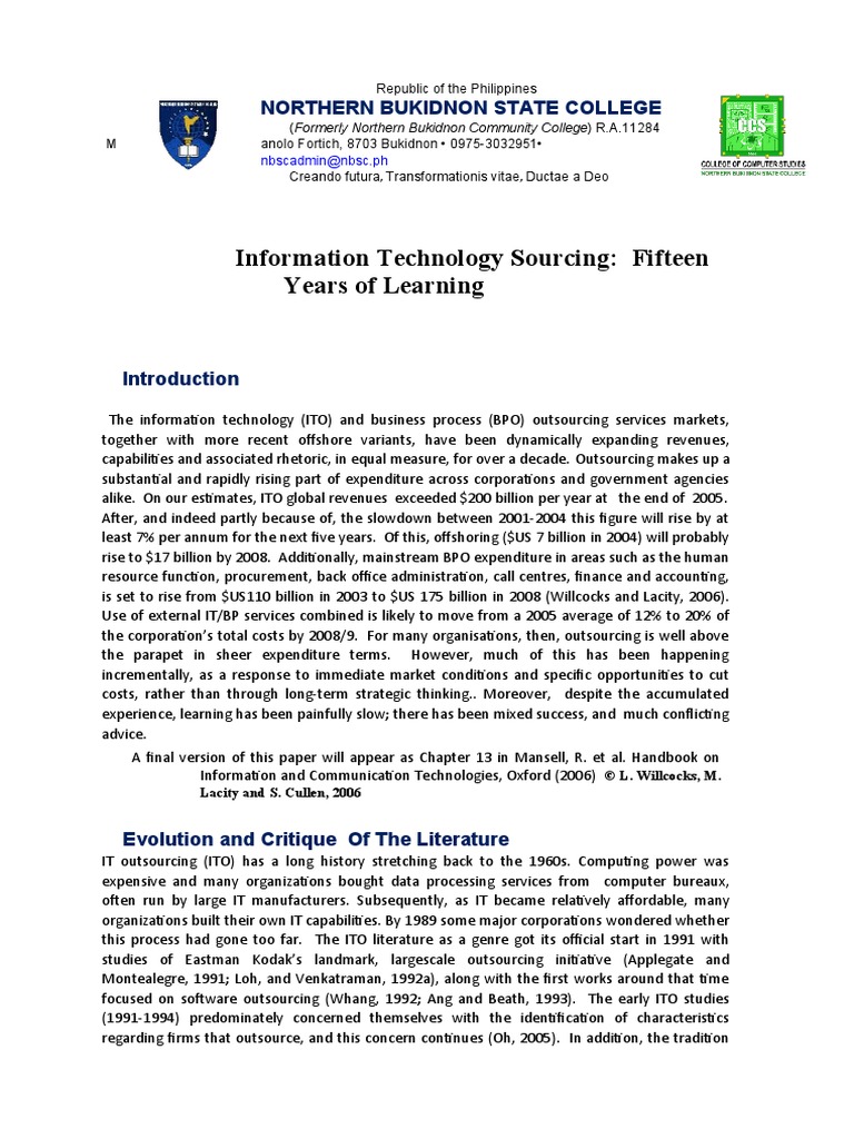 Information Technology Sourcing Fifteen Years of Learning | PDF ...