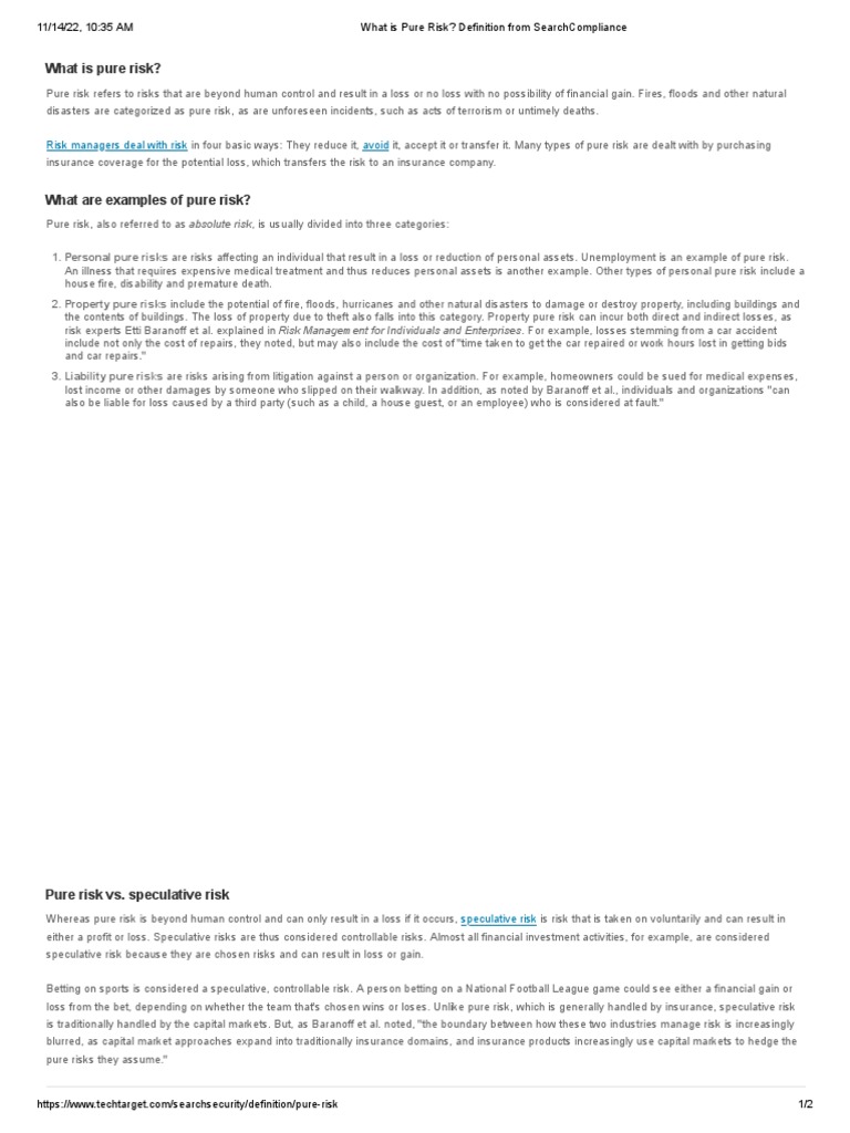 What Is Pure Risk | PDF | Insurance | Risk