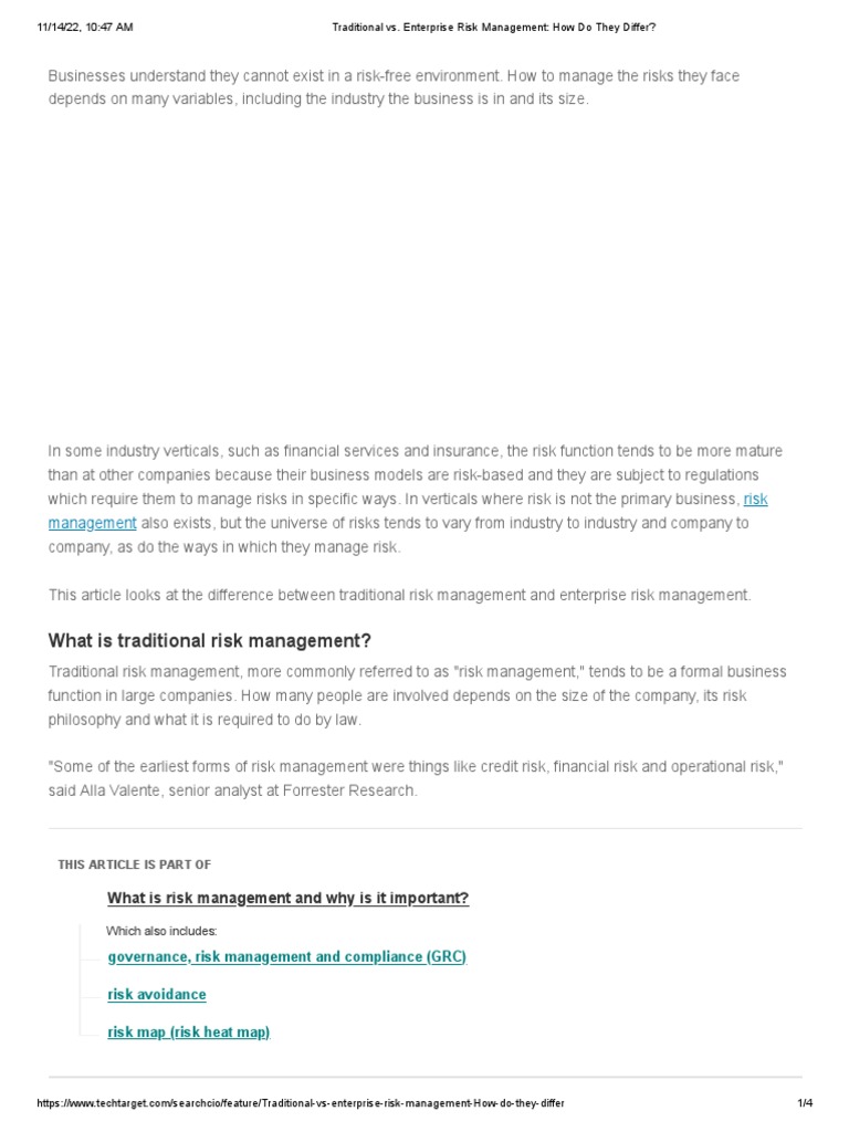 Traditional vs. Enterprise Risk Management - How Do They Differ | PDF ...