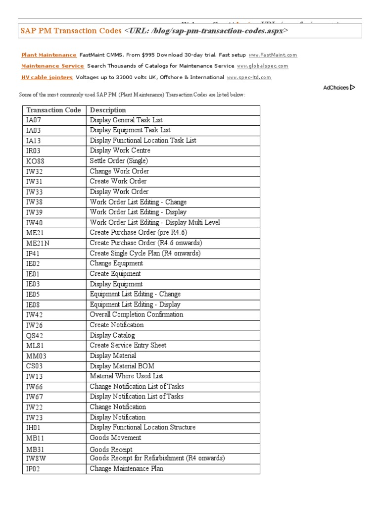 SAP PM Transaction Codes | PDF | Software | Computing