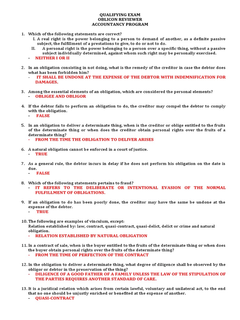 Qualifying Exam Reviewer - Oblicon | PDF | Legal Liability | Law Of ...