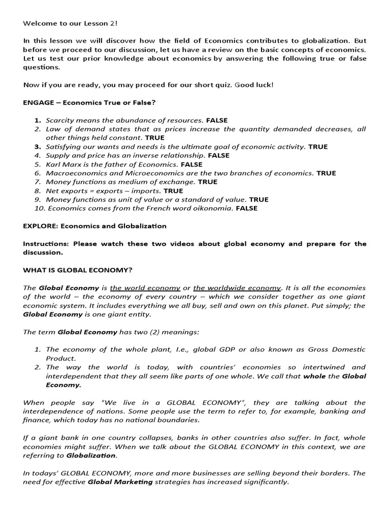 Prelim - Lesson 2 Economic Globalization | PDF | Finance & Money Management
