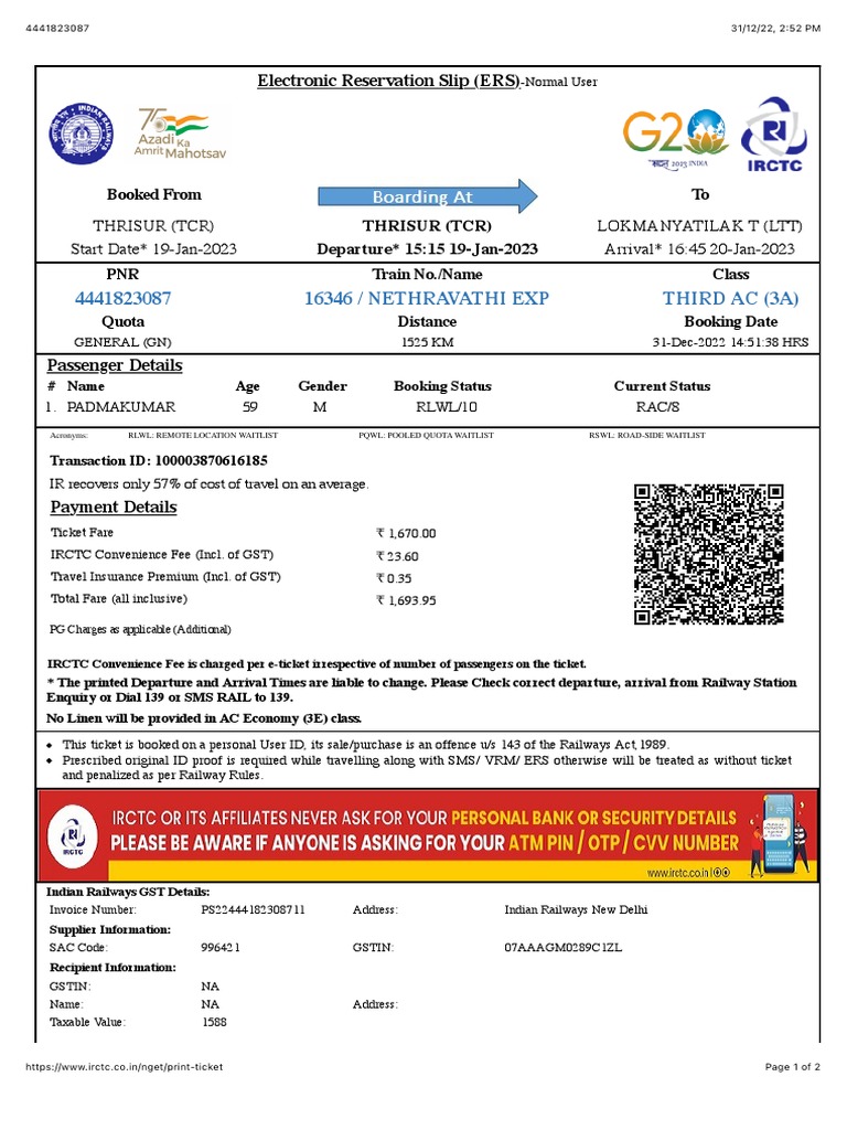 Nethravathi Exp Third Ac (3A) : Electronic Reservation Slip (ERS) | PDF ...
