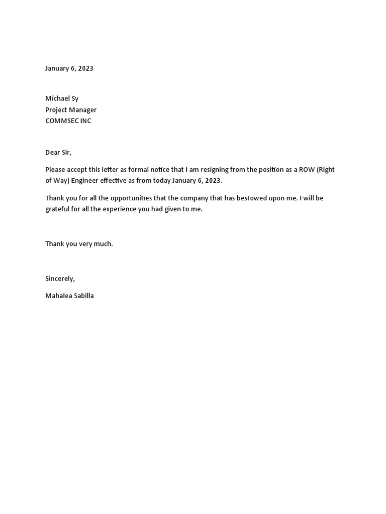 Resignation Letter - Sabilla, Mahalea | PDF