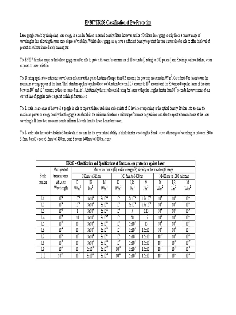 En207 En208 Eye Protection Classification | PDF | Laser | Optical Filter