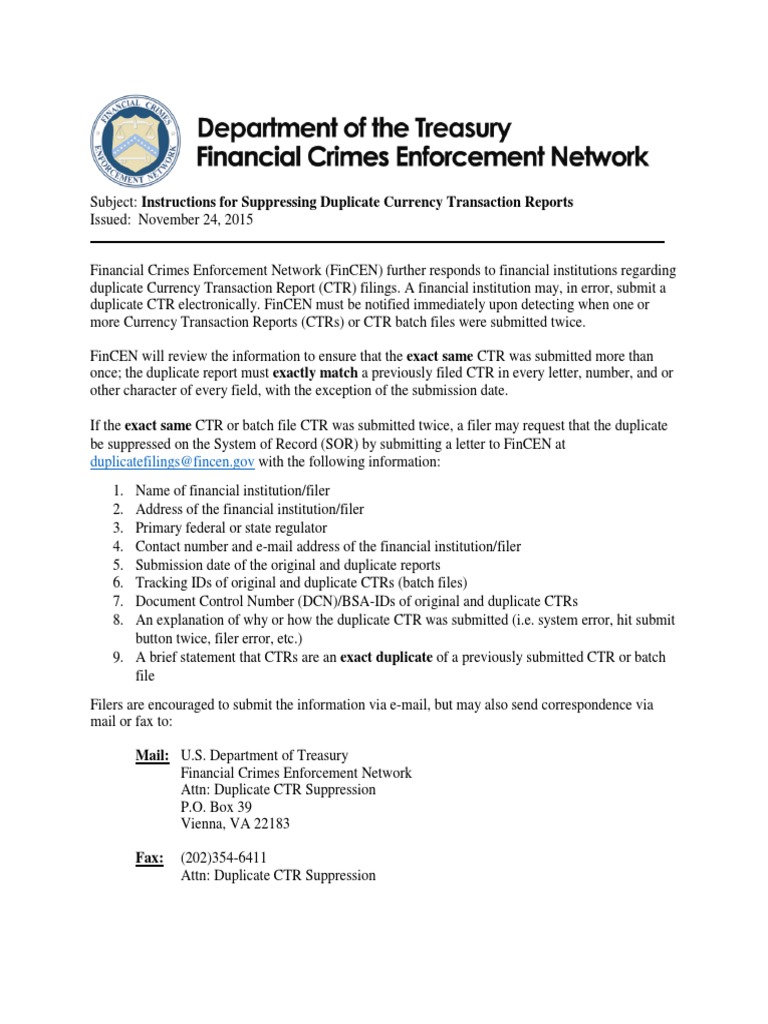 Instructions For Suppressing Duplicate CTRs Revised | PDF | Financial ...