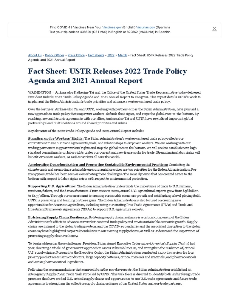 Fact Sheet - USTR Releases 2022 Trade Policy Agenda and 2021 Annual ... Fact Sheet - USTR Releases 2022 Trade Policy Agenda and 2021 Annual ...