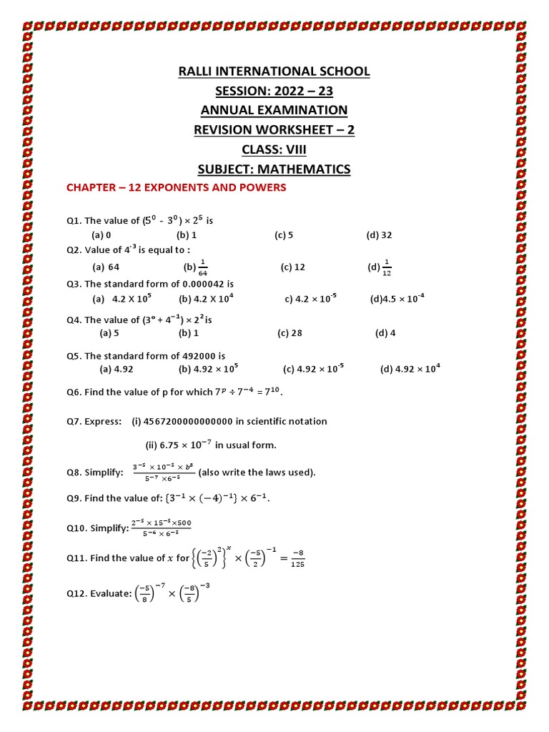 Ralli International School SESSION: 2022 - 23 Annual Examination Revision Worksheet - 2 Class ...