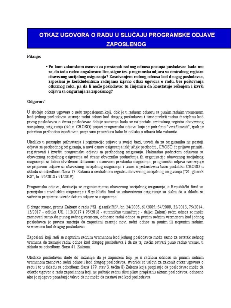 Prelazak Kod Drugog Poslodavca I Otkaz Ugovora o Radu | PDF