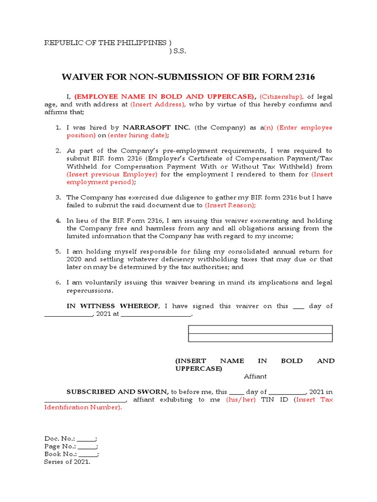 Waiver For Non Submission of BIR For 2316 | PDF