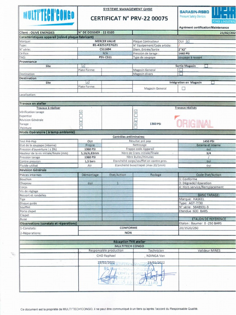 Certificat MERCER Valve C511694 1440psi | PDF
