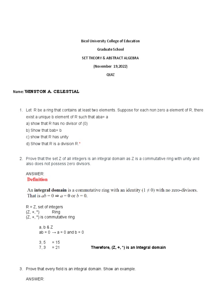 QUIZ Field Rings and Integral DOmain | PDF | Field (Mathematics) | Ring (Mathematics)