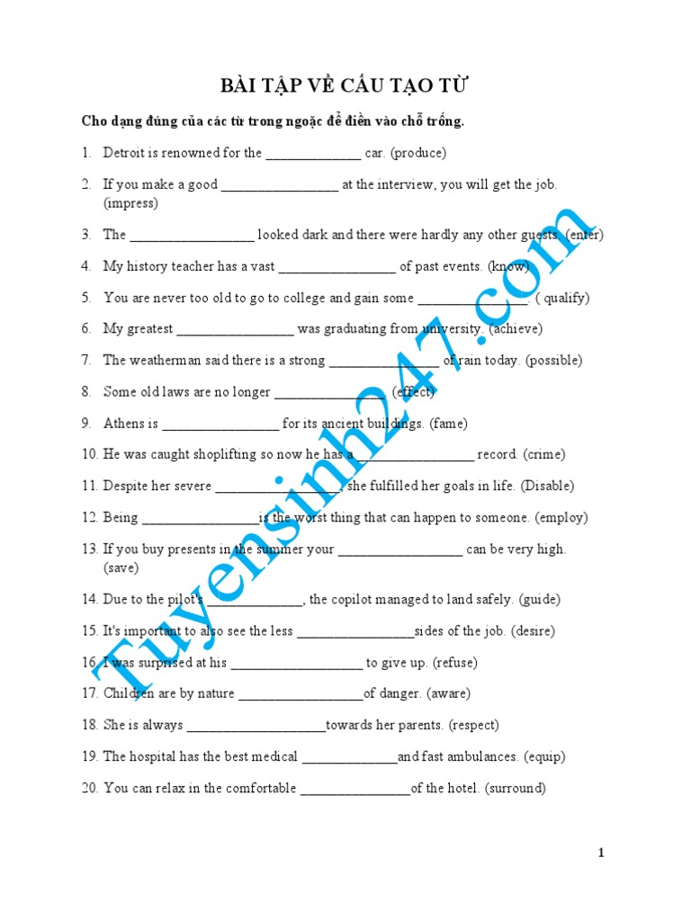 Bai Luyen Tap Ve Cau Tao Tu Exercise On Word Formation | PDF