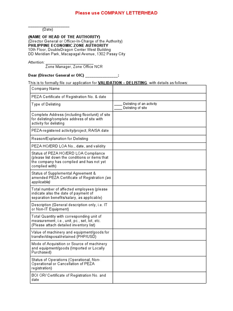 PEZA Validation-Delisting Application Letter | PDF | Invoice | Inventory