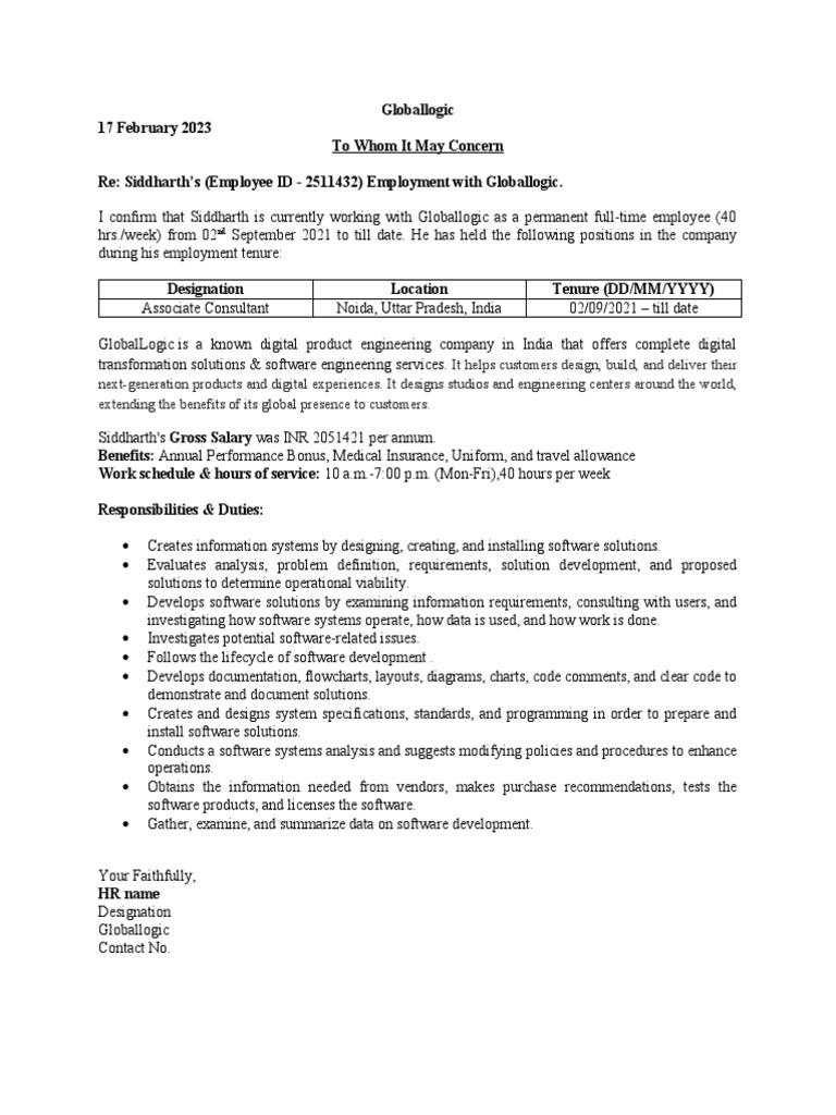 Globallogic Reference Letter | PDF | Employment | Software Engineering