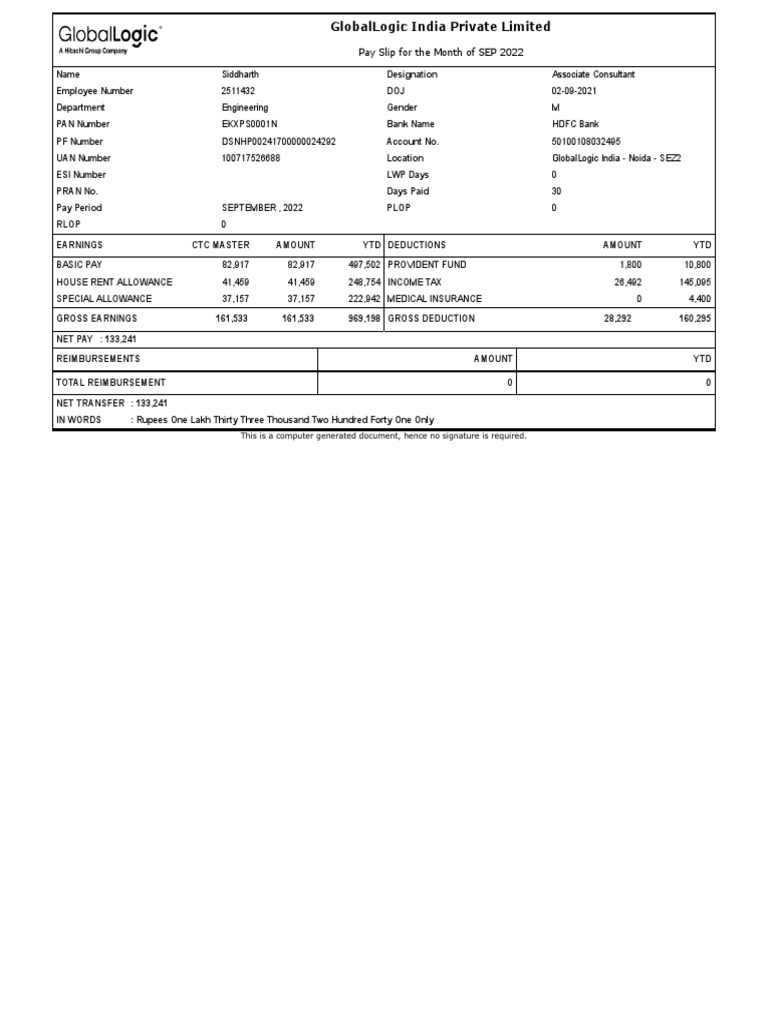 GlobalLogic Salary Slip - Sep 2022 | PDF | Money | Personal Finance