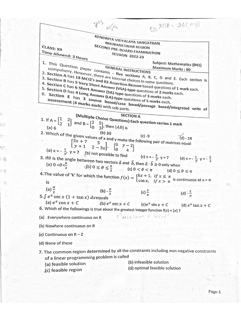 K.V. Pre-Board Math | PDF