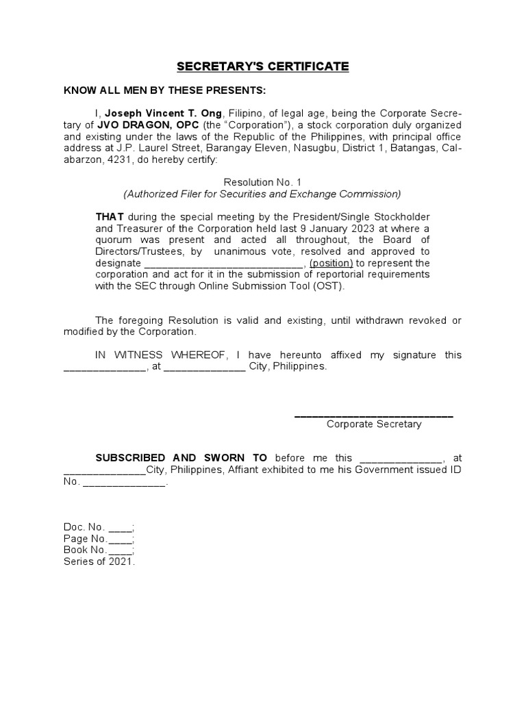 Secretary Certificate | PDF