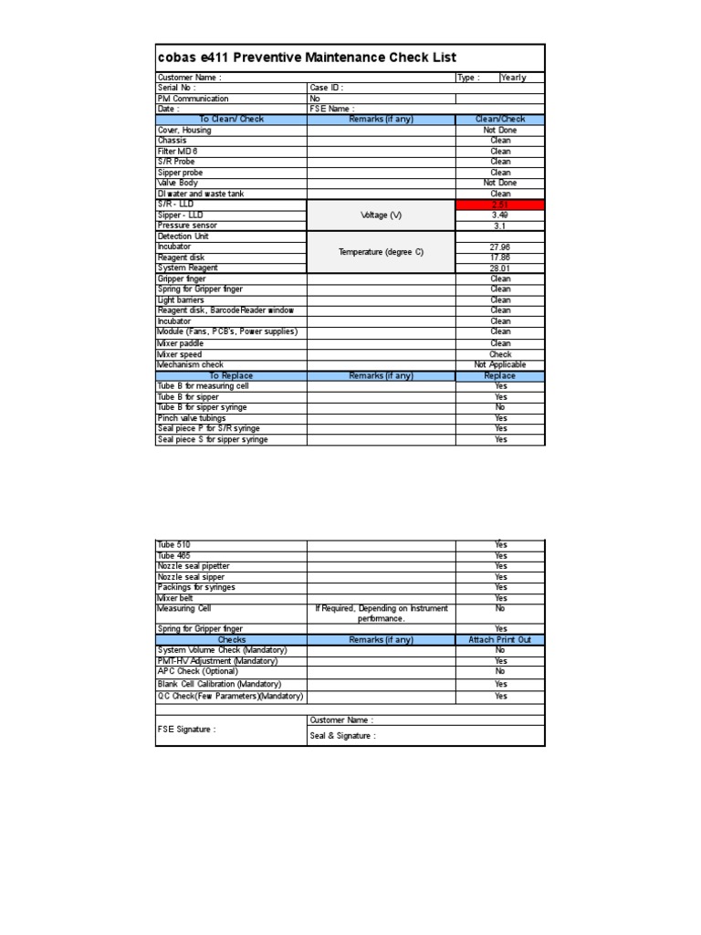 E411 PM Checklist | PDF | Vacuum Tube | Syringe