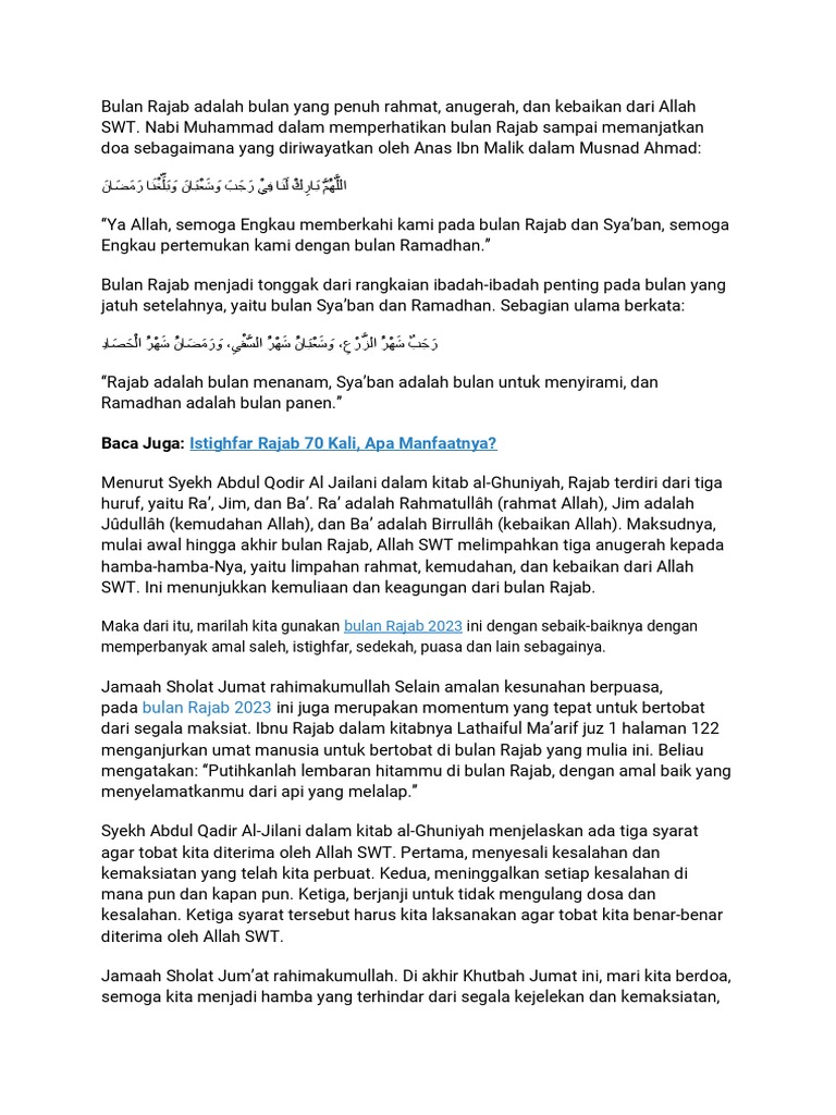 Keutamaan Bulan Rajab dan Ibadah | PDF