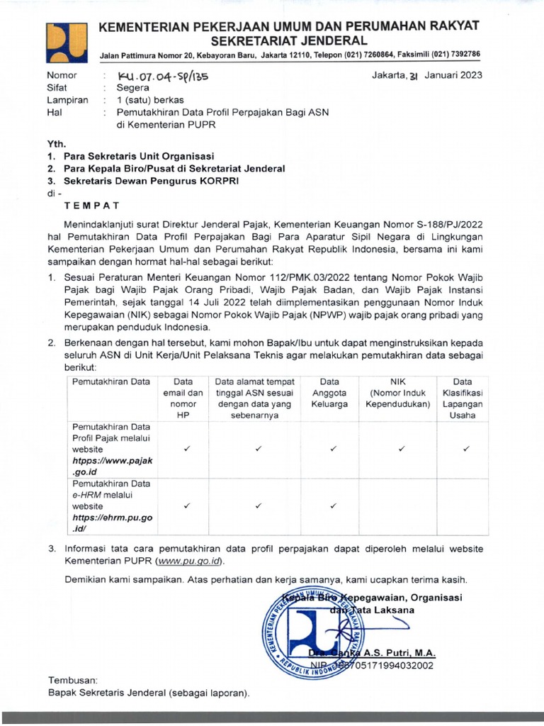 Pemutakhiran Data Pajak ASN PUPR | PDF