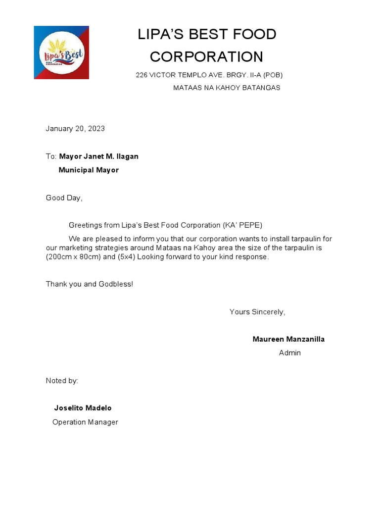 Request Letter For Tarpulin | PDF