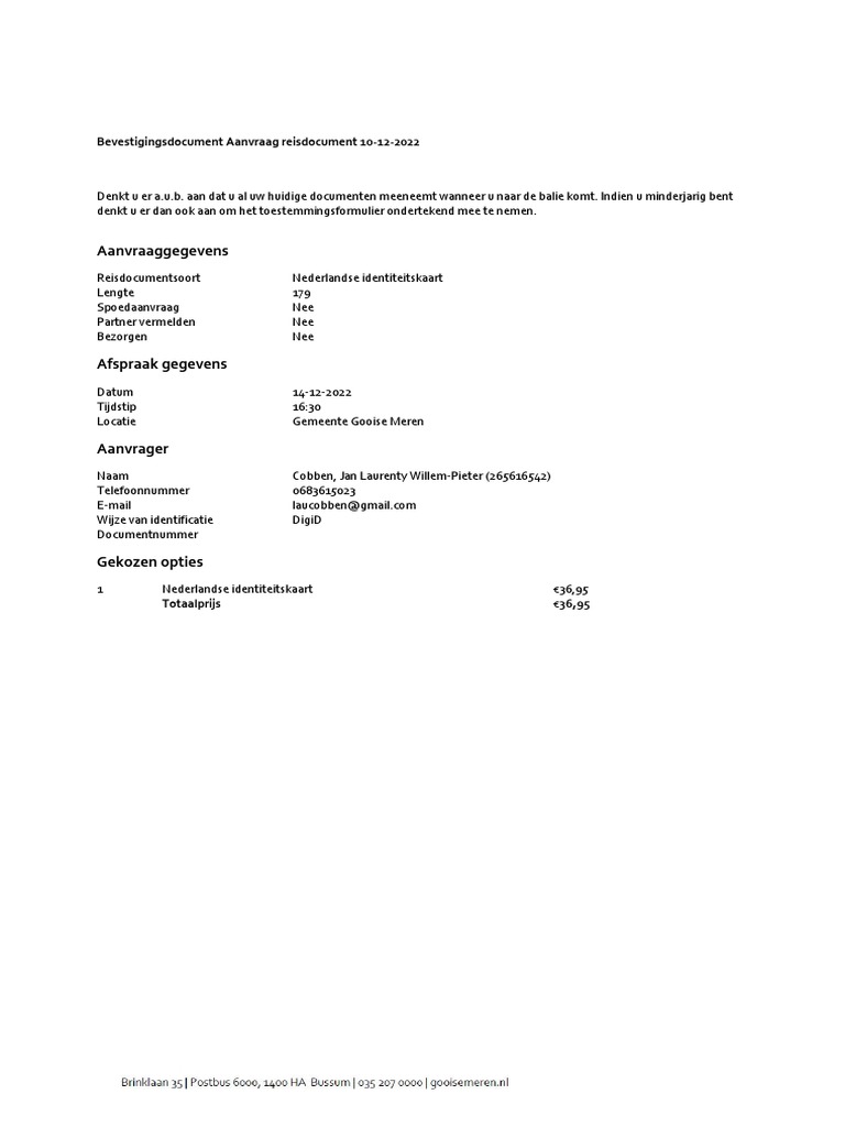 Bevestigingsdocument Aanvraag Reisdocument | PDF