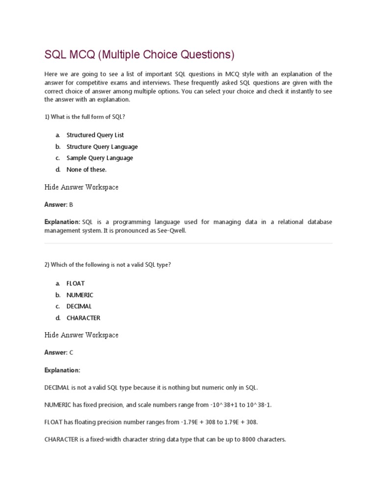 SQLMCQ | PDF