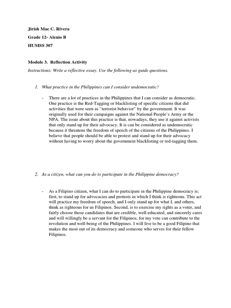 HUMSS 307 - Module 3 Reflection Activity | PDF | Politics | Self ...