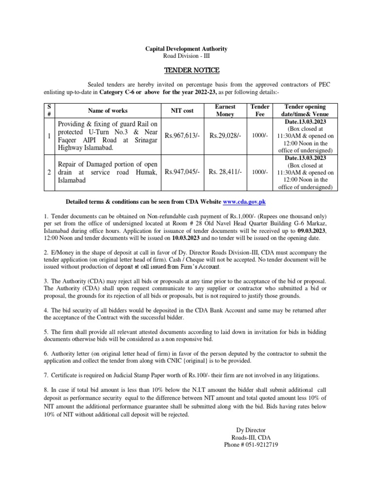 Islamabad Road Works Tender Notice | PDF | Economies | Money